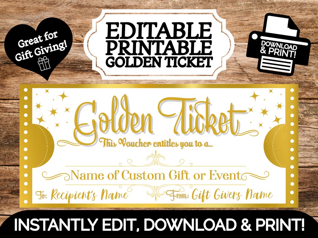 INSTANT EDITABLE Personalized Golden Ticket Souvenir Ticket Gift Coupon ...