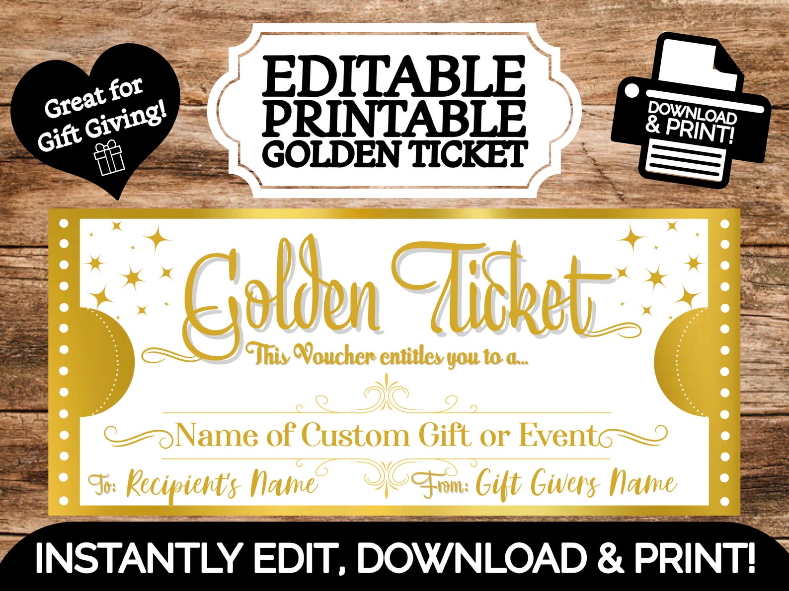 INSTANT EDITABLE Personalized Golden Ticket Souvenir Ticket Gift Coupon ...