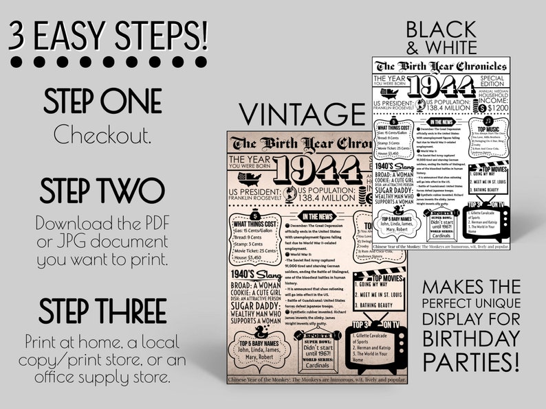 1944 PRINTABLE Vintage Newspaper Year You Were Born Birthday - Etsy