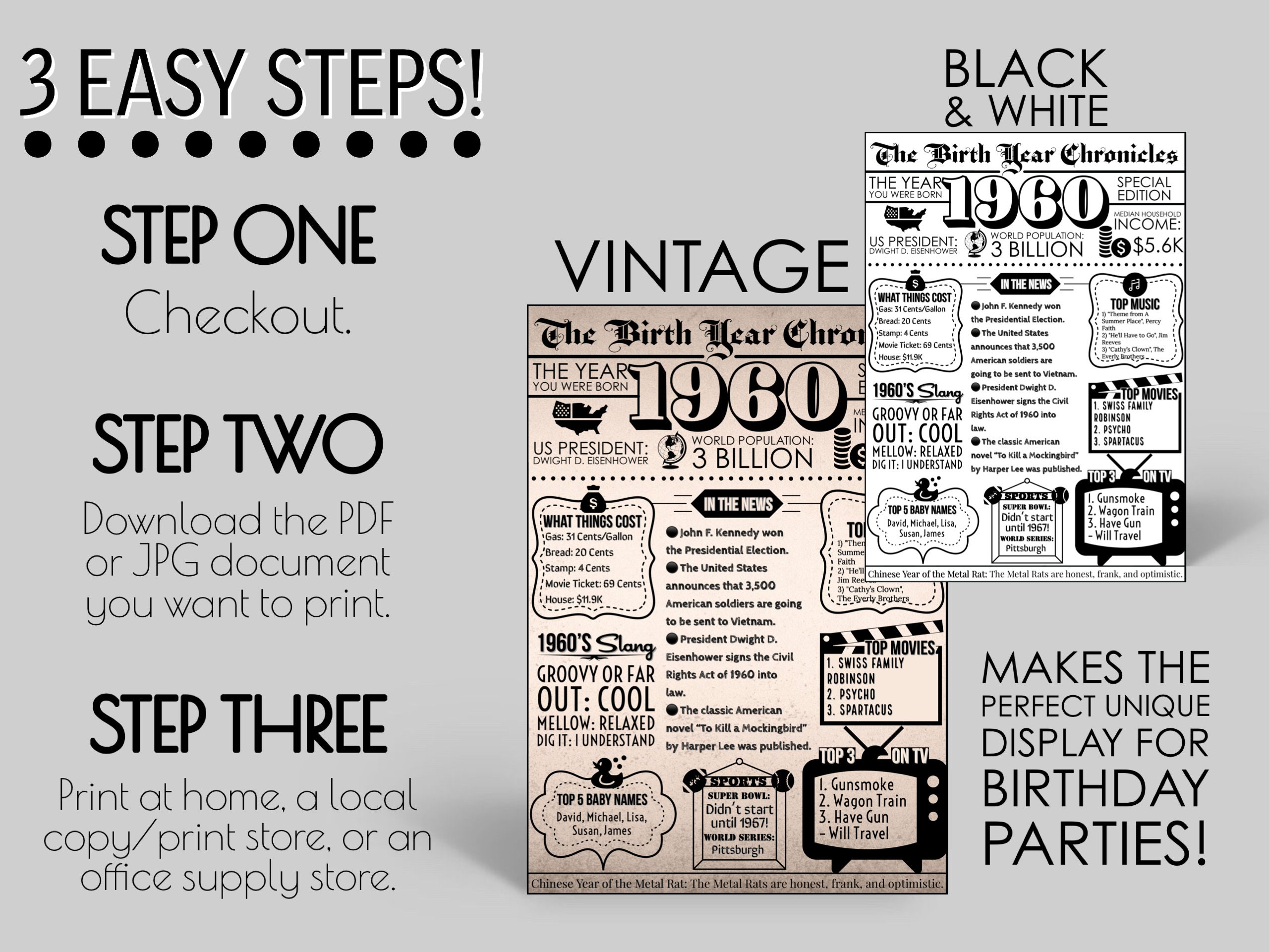 1960 PRINTABLE Vintage Newspaper Year You Were Born Birthday Bundle ...