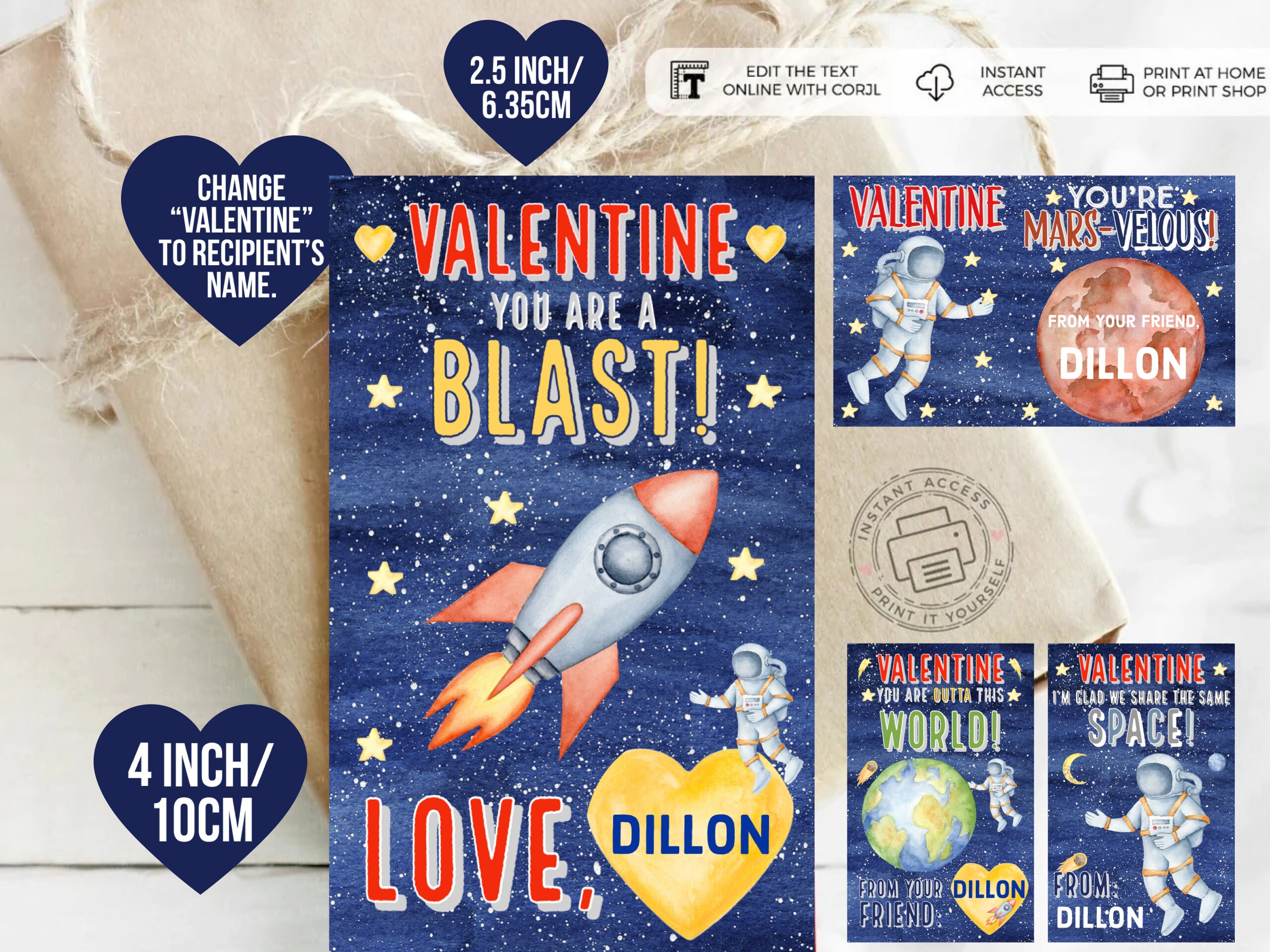 Outer Space EDITABLE Personalized Watercolor Valentines Day Cards ...
