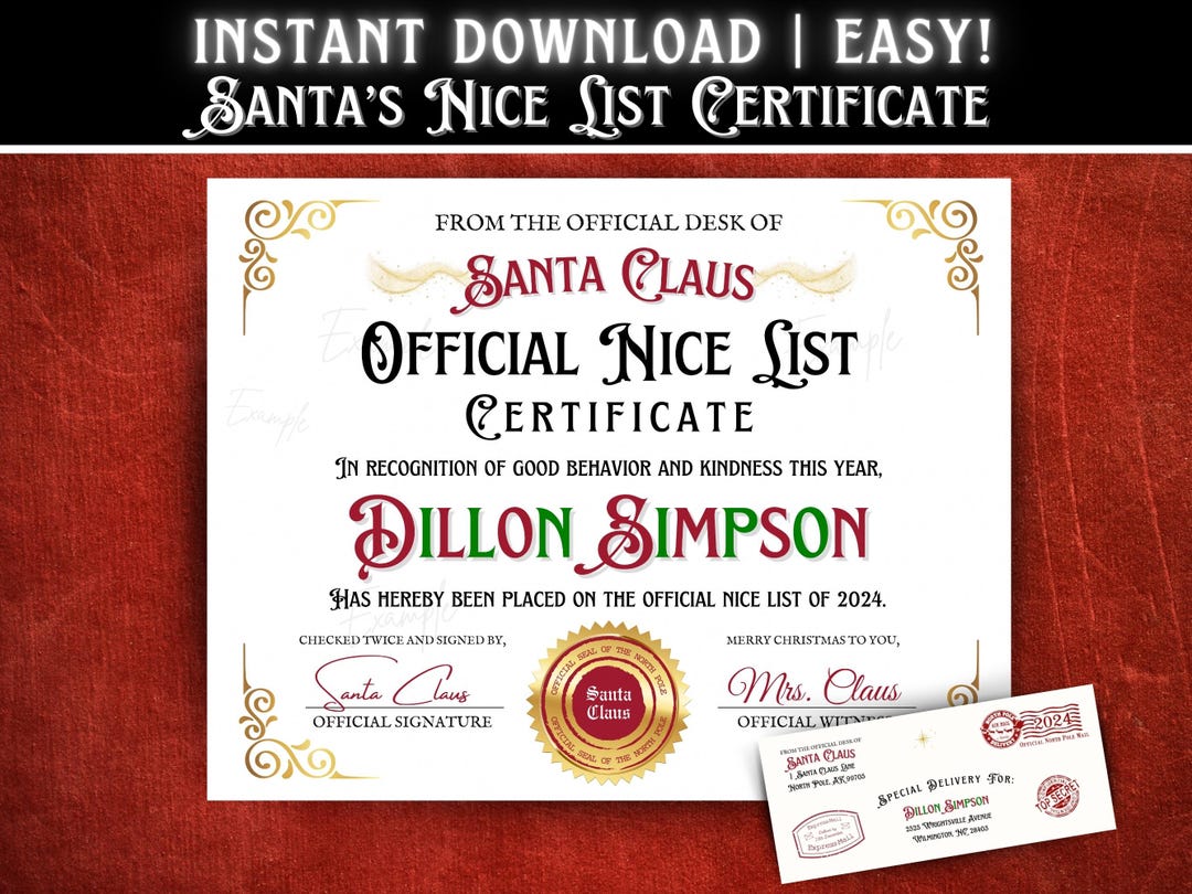 EDITABLE Santas NICE List Official Certificate | Personalized Custom ...