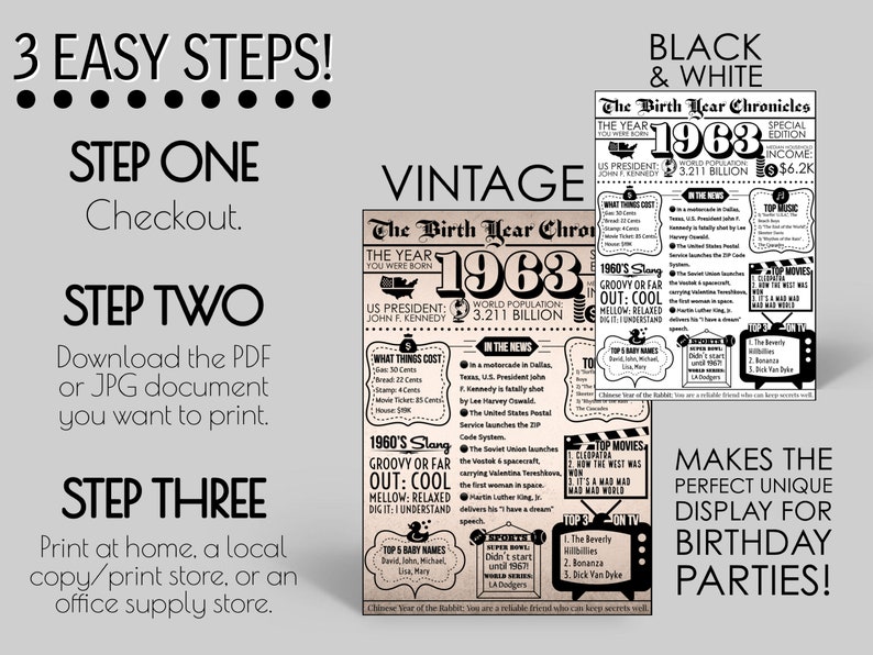 1963 PRINTABLE Vintage Newspaper Year You Were Born Birthday Bundle ...