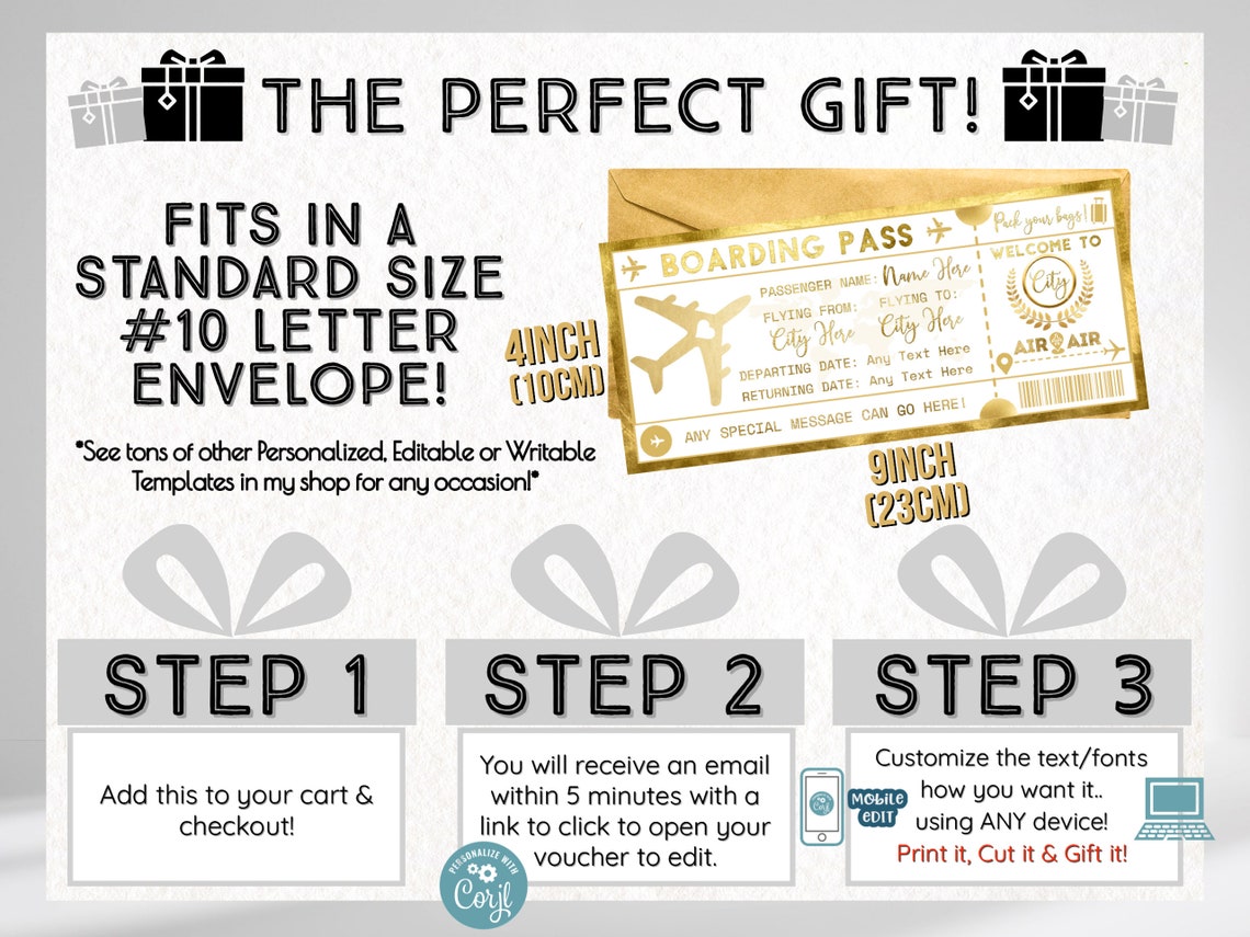 INSTANT EDITABLE Golden Boarding Pass Plane Ticket Gift - Flight ...