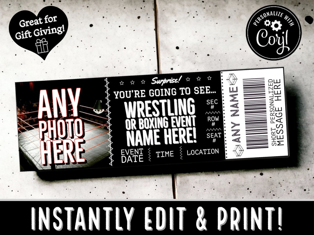 INSTANTLY EDIT Wrestling or Boxing Event Ticket Stub Template | Gift Professional Tickets for ...