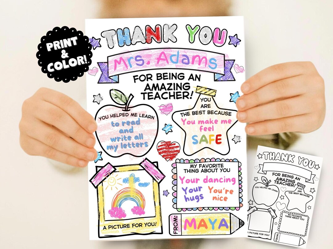 PRINTABLE Kids Coloring Thank You Card for Teachers | PDF Instant ...