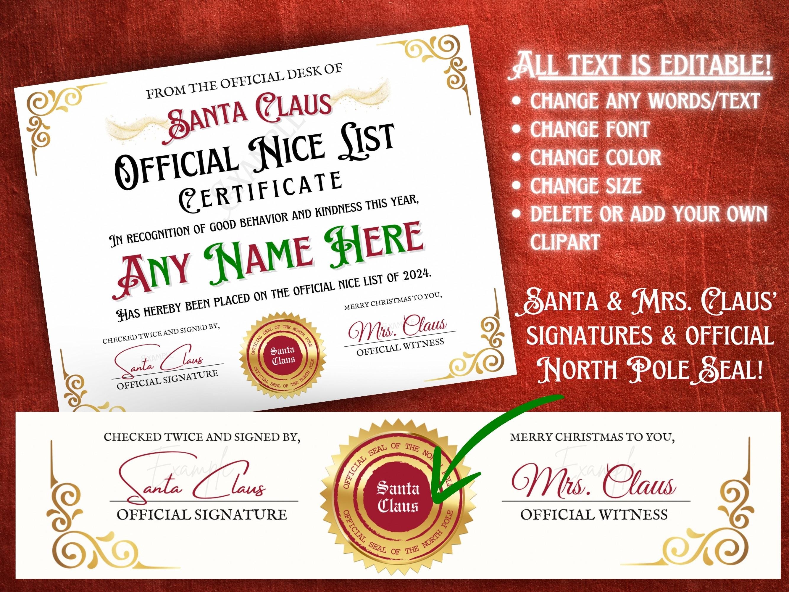 EDITABLE Santas NICE List Official Certificate | Personalized Custom ...