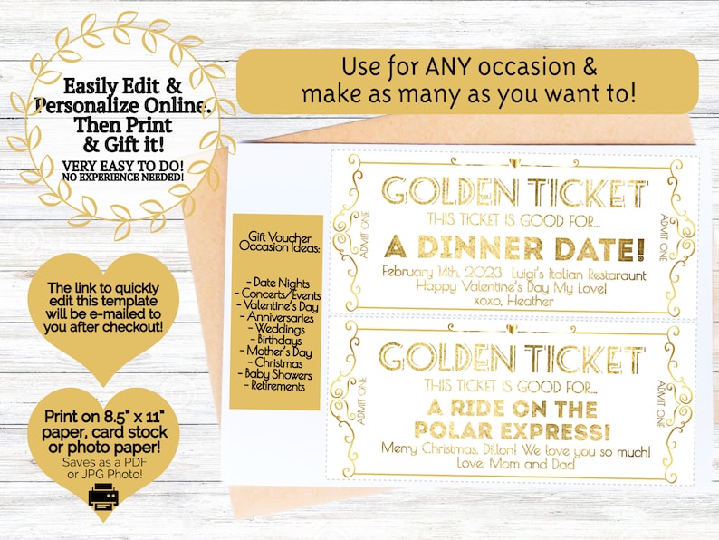 EDITABLE Elegant GOLDEN TICKET Template Personalized Gift - Etsy