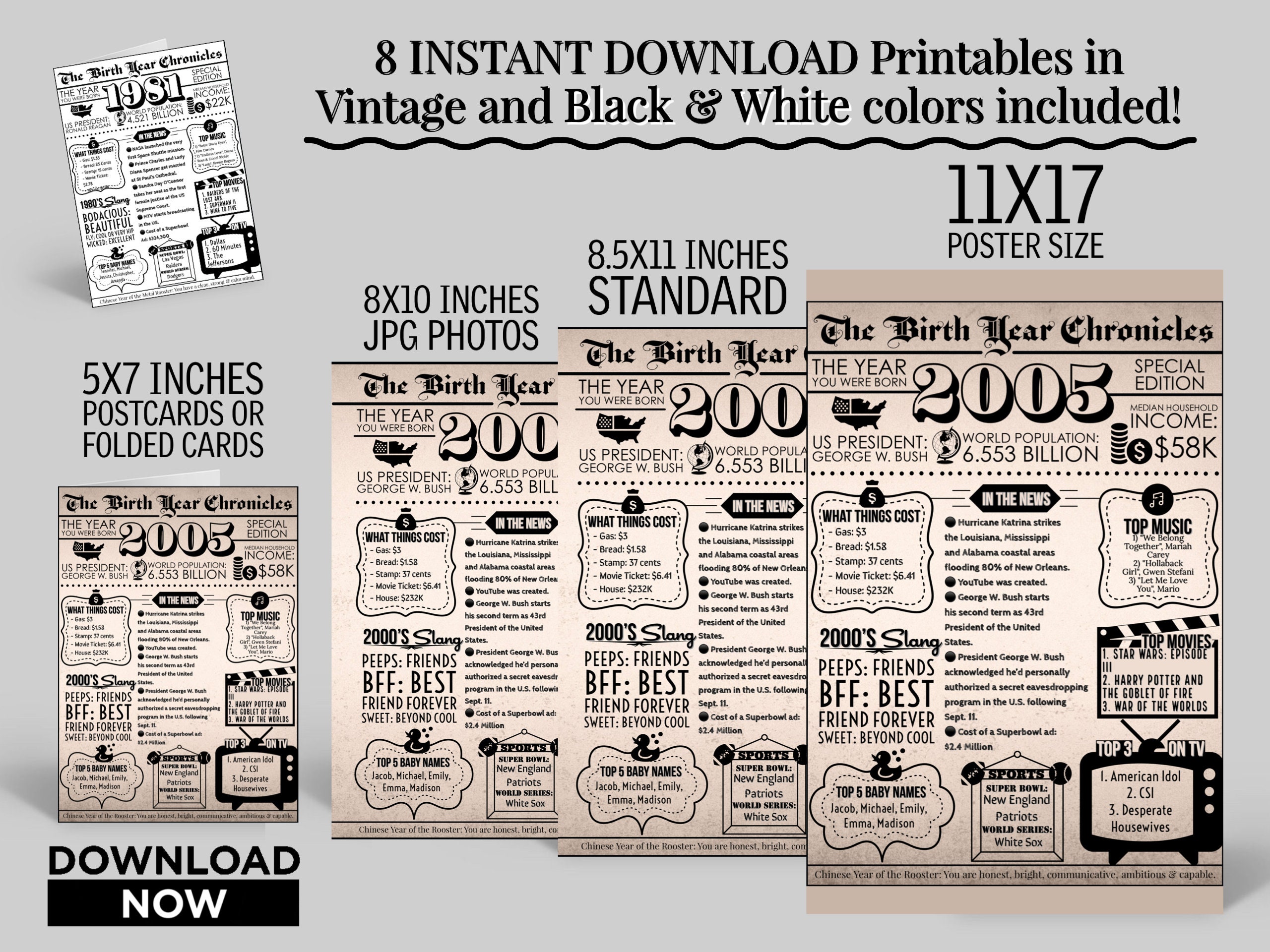 2005 PRINTABLE Vintage Newspaper Year You Were Born Birthday Bundle ...