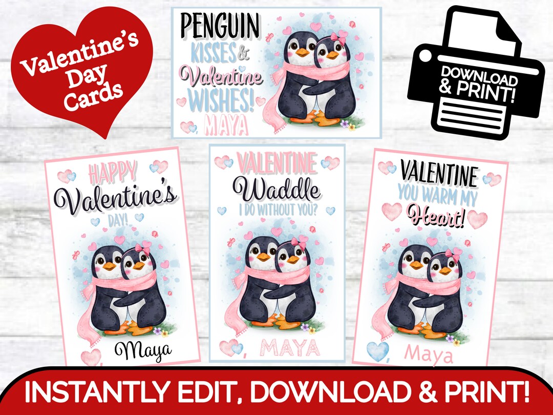 Cute Penguins EDITABLE Personalized Watercolor Valentines Day Cards ...
