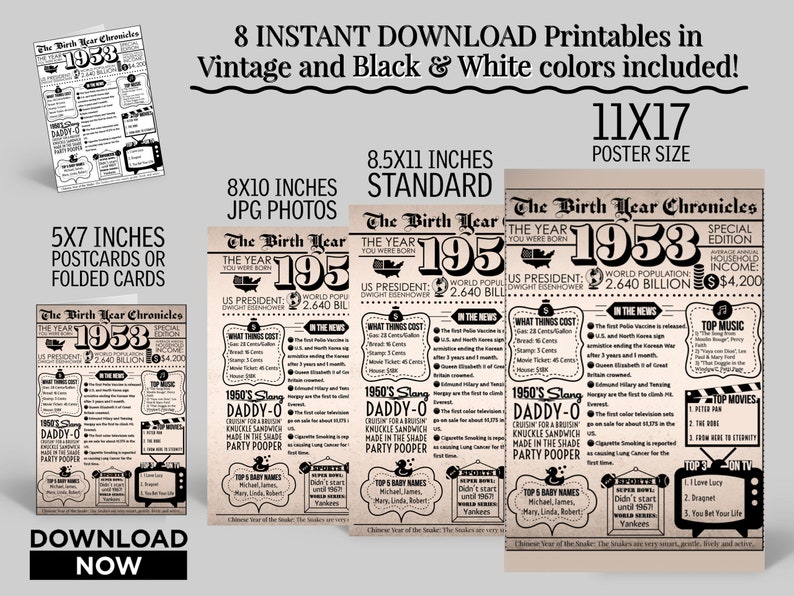 1953 PRINTABLE Vintage Newspaper Year You Were Born Birthday - Etsy