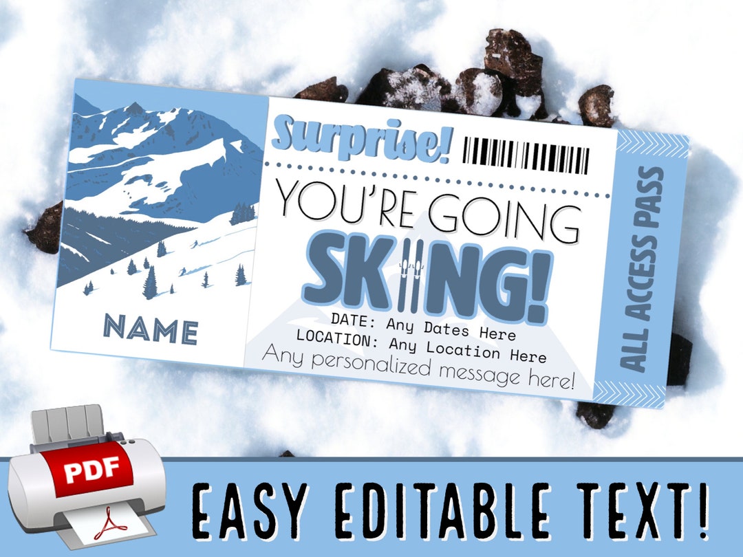 INSTANT EDITABLE Skiing Trip Surprise Ticket | Snow Ski, Skis, Skiing ...