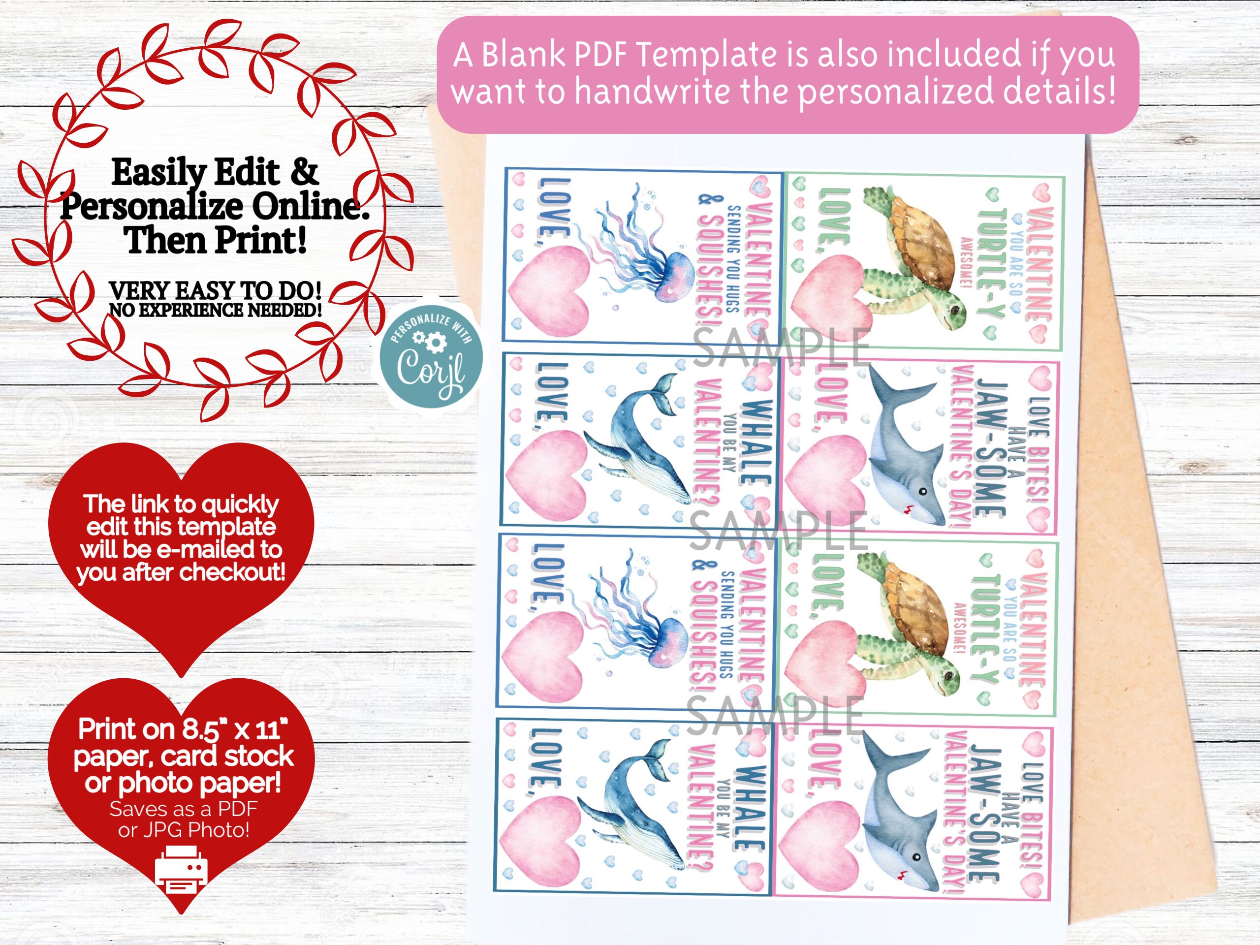 Sea Animals EDITABLE Personalized Watercolor Valentines Day Cards ...