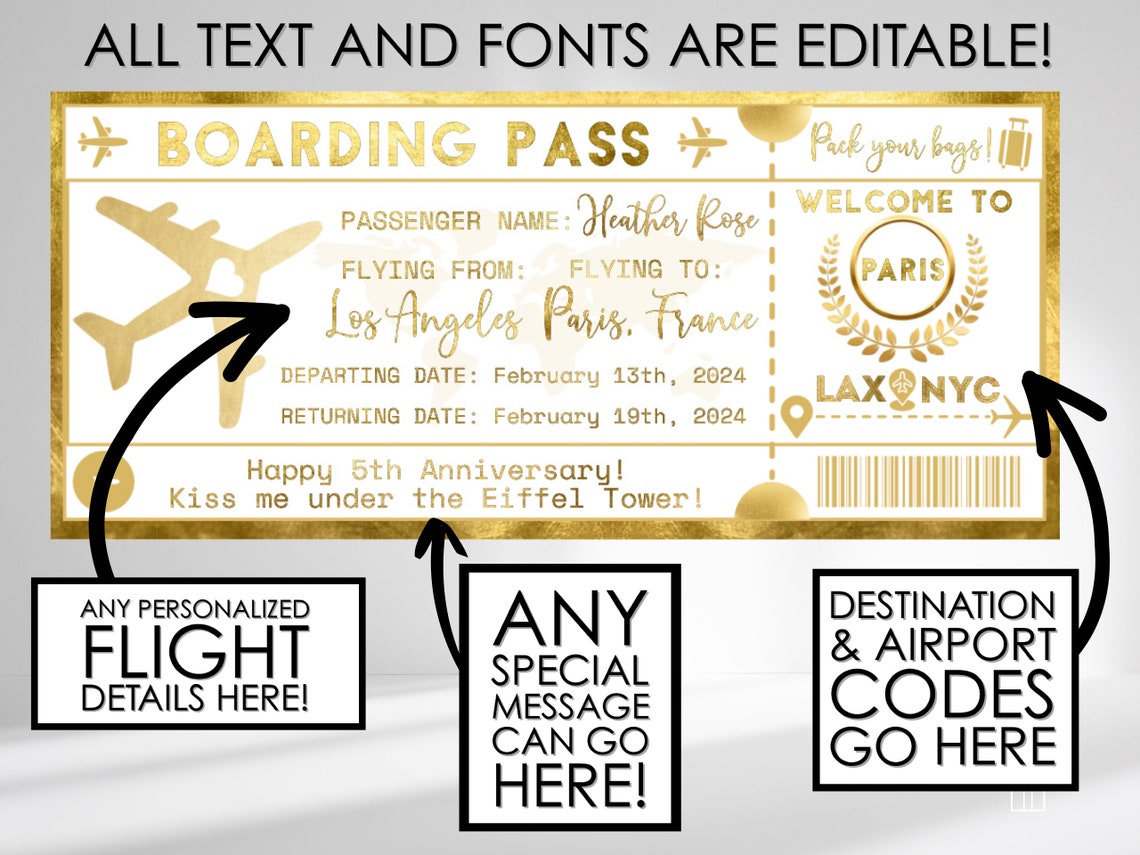 INSTANT EDITABLE Golden Boarding Pass Plane Ticket Gift - Flight ...