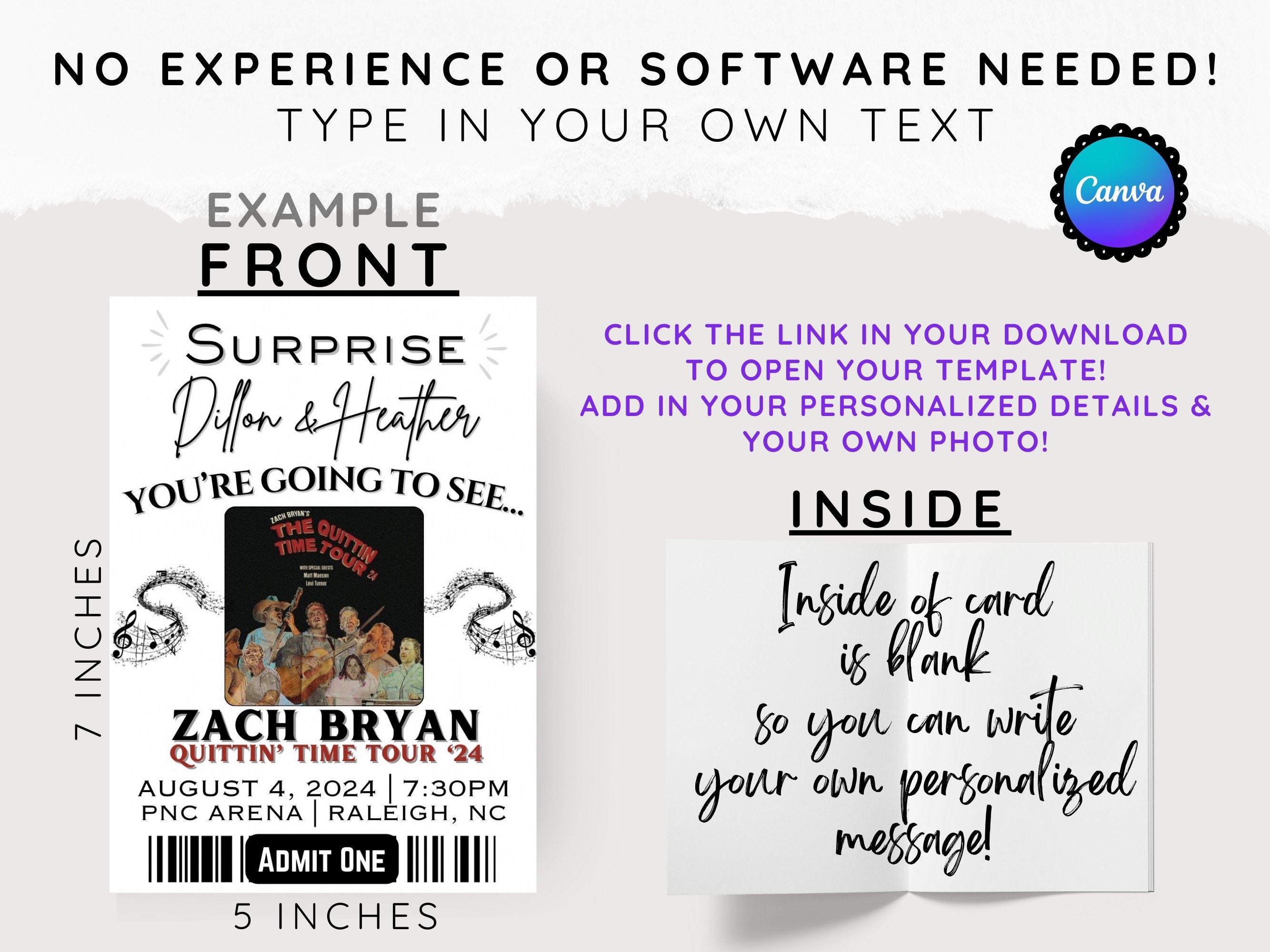 INSTANTLY EDIT Printable Concert Ticket Surprise Gift Souvenir 5x7 Card ...