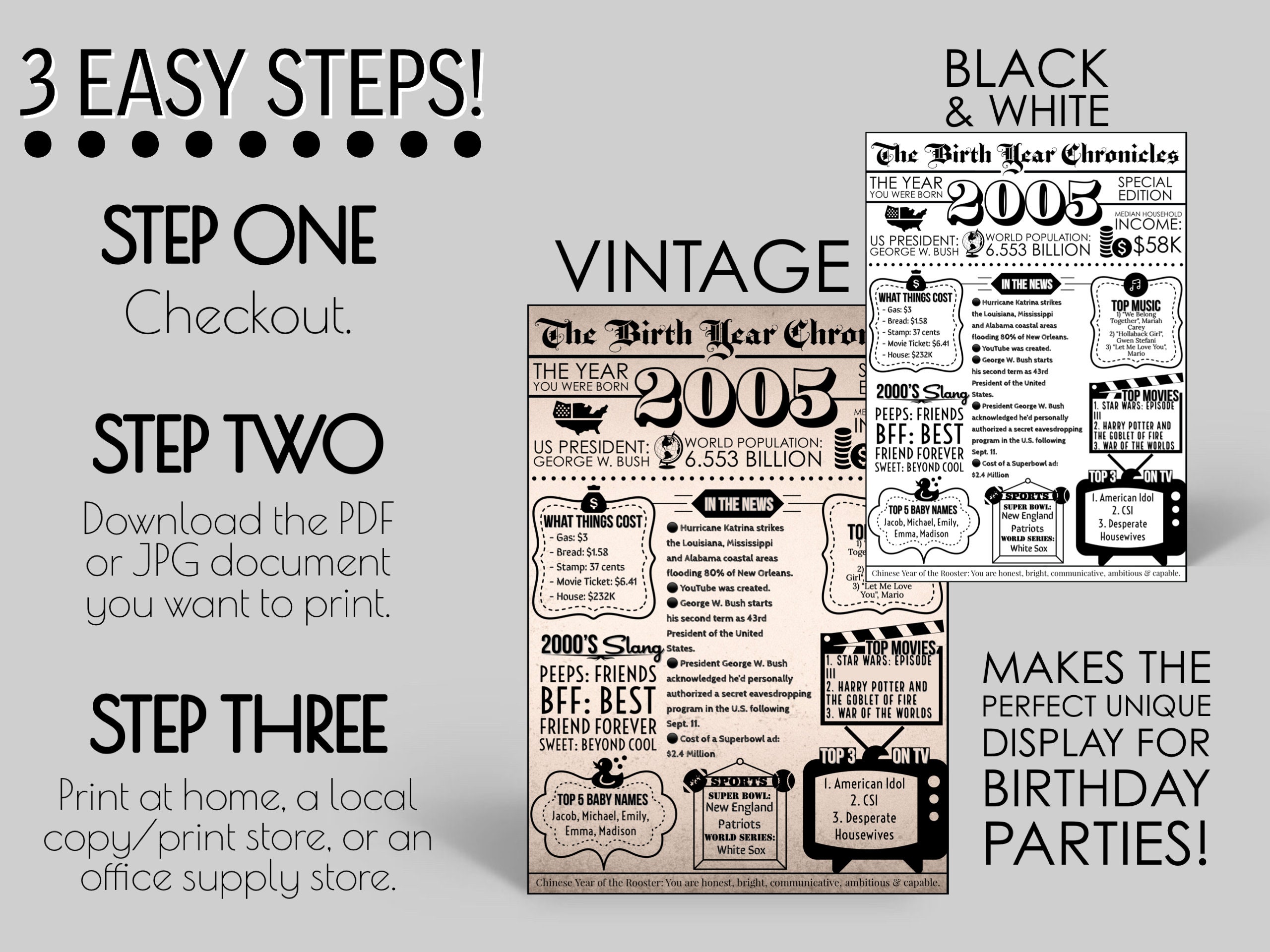 2005 PRINTABLE Vintage Newspaper Year You Were Born Birthday Bundle ...
