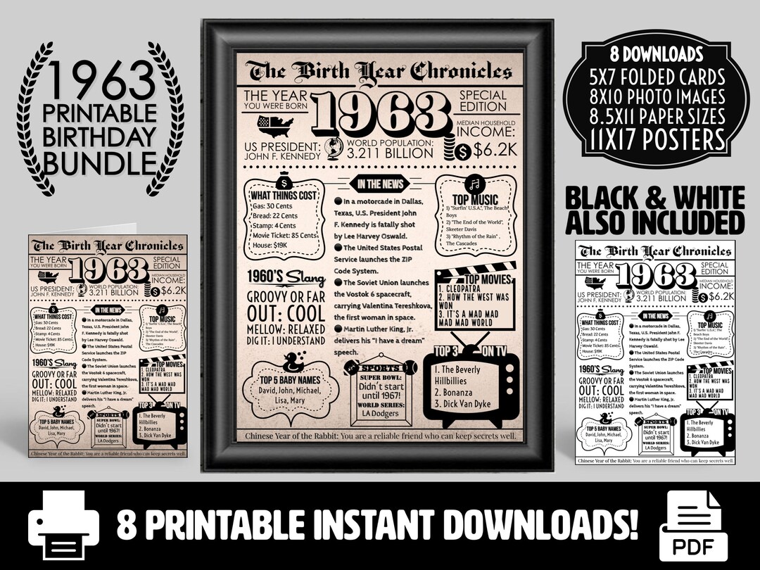 1963 PRINTABLE Vintage Newspaper Year You Were Born Birthday Bundle ...