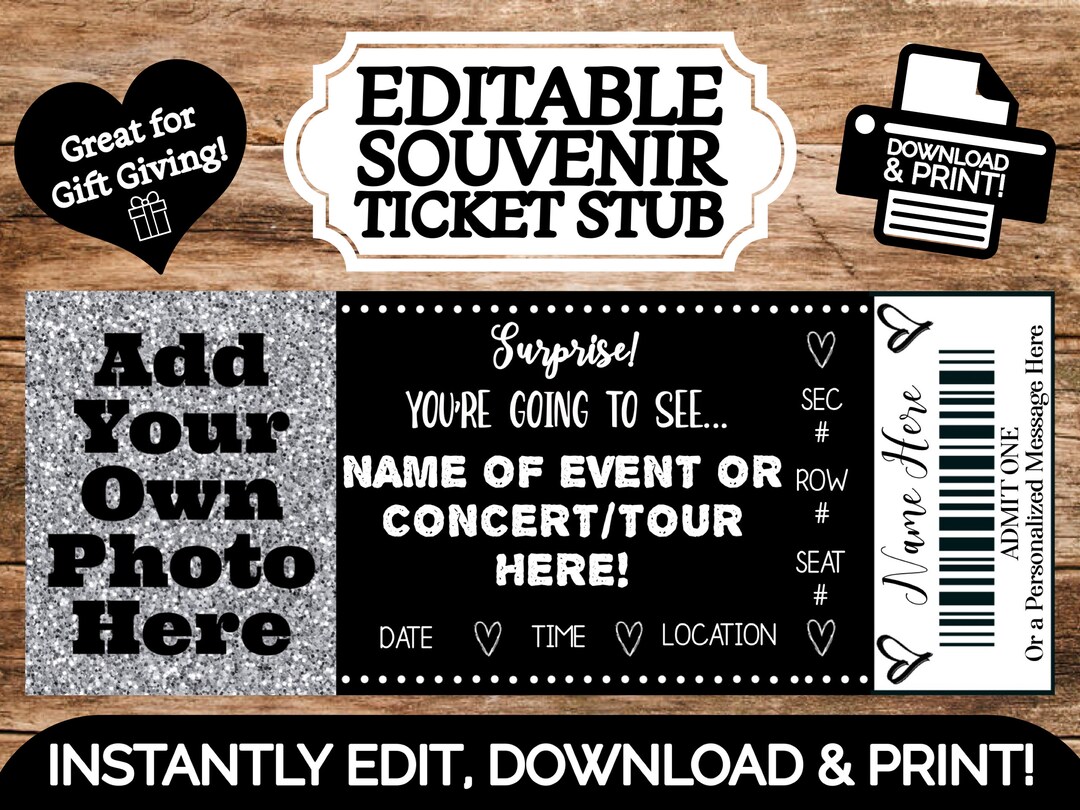 INSTANT EDITABLE Personalized Concert Sports Event Souvenir Ticket Stub ...