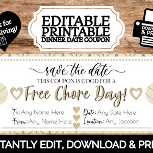 INSTANT EDITABLE Personalized Free Chore Day Gift Certificate Coupon ...