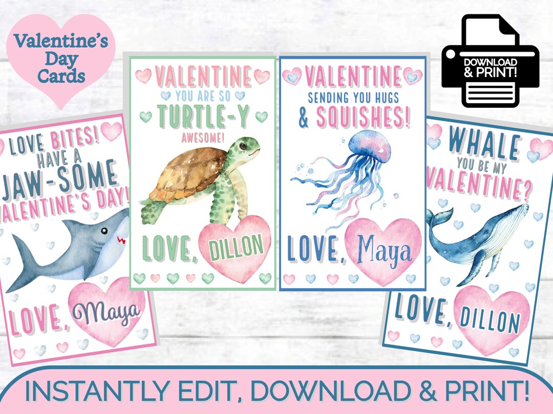 Sea Animals EDITABLE Personalized Watercolor Valentines Day Cards ...