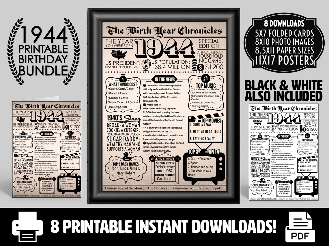 1944 PRINTABLE Vintage Newspaper Year You Were Born Birthday Bundle ...