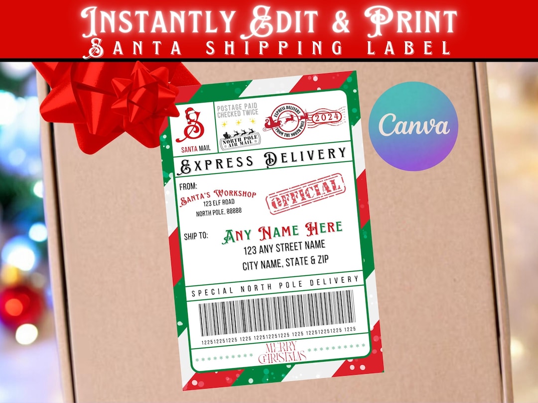 EDITABLE Custom Santa Claus Shipping Postage Label Template | Printable ...