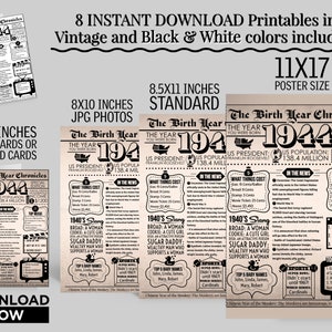 1944 PRINTABLE Vintage Newspaper Year You Were Born Birthday Bundle ...
