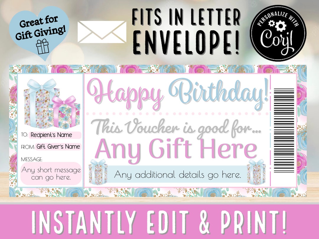 INSTANTLY EDIT Happy Birthday Presents Voucher Coupon Gift Certificate ...