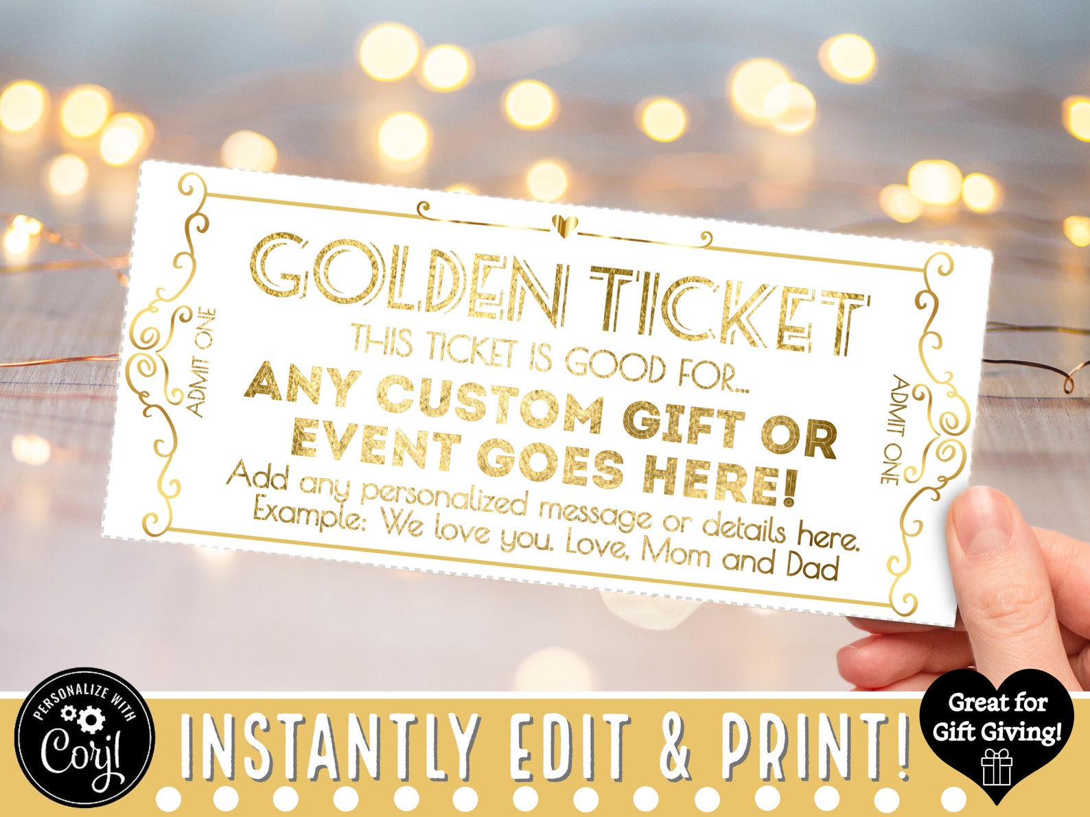 EDITABLE Elegant GOLDEN TICKET Template | Personalized Gift Certificate ...