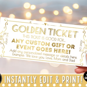 EDITABLE Elegant GOLDEN TICKET Template | Personalized Gift Certificate ...