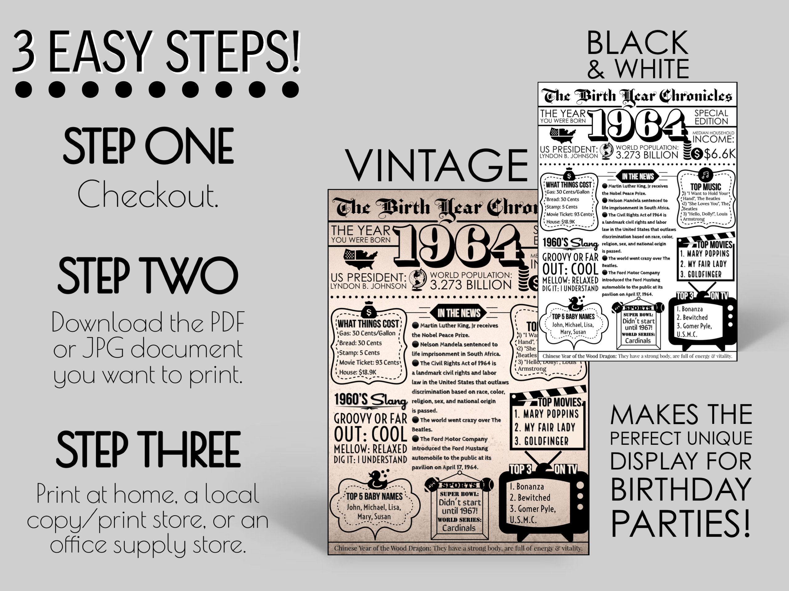 1964 PRINTABLE Vintage Newspaper Year You Were Born Birthday - Etsy UK