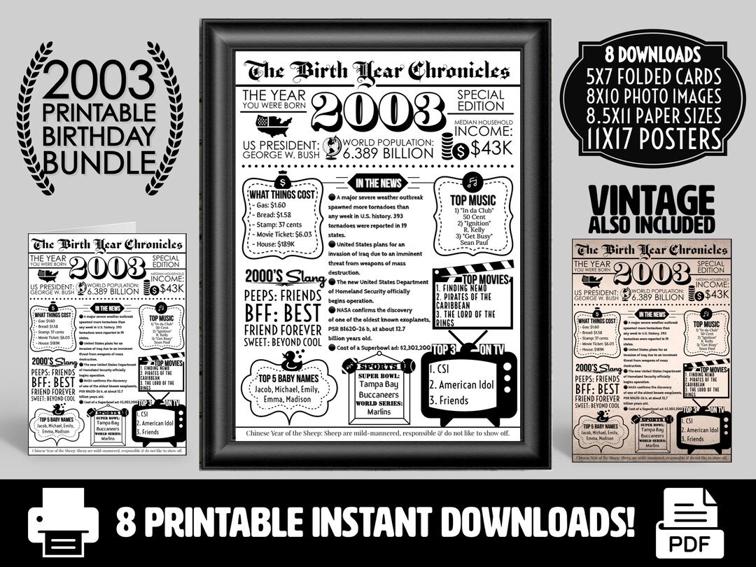 2003 PRINTABLE Vintage Newspaper Year You Were Born Birthday Bundle ...