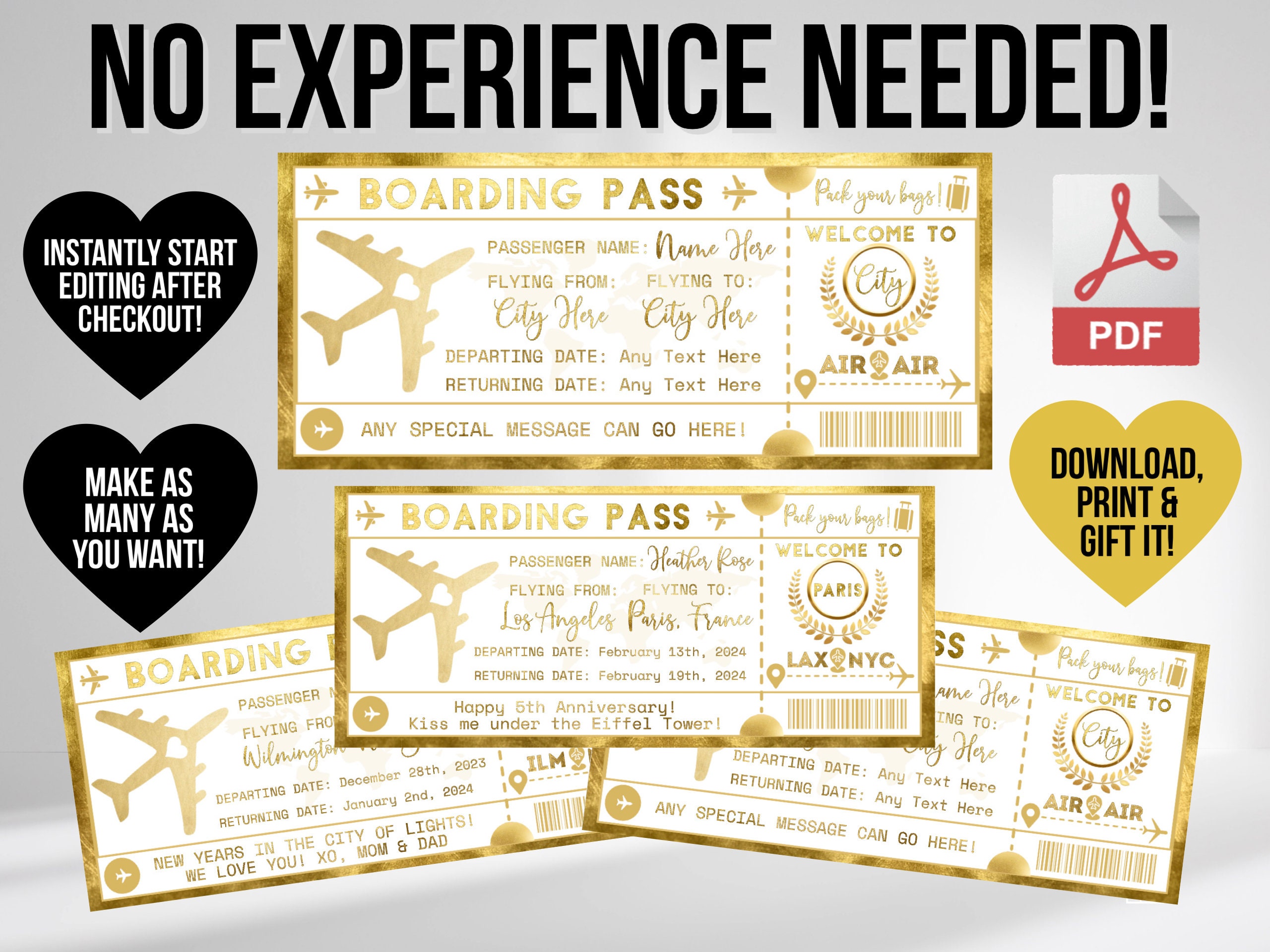INSTANT EDITABLE Golden Boarding Pass Plane Ticket Gift - Flight ...