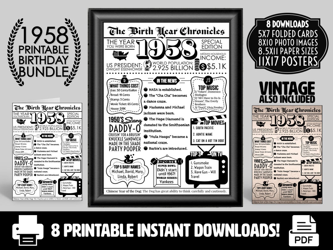 1958 PRINTABLE Vintage Newspaper Year You Were Born Birthday Bundle ...