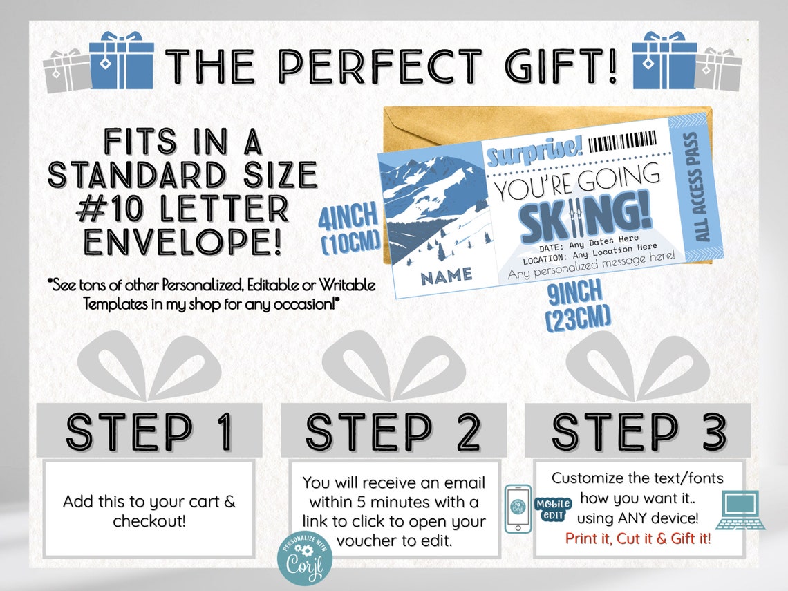 INSTANT EDITABLE Skiing Trip Surprise Ticket | Snow Ski, Skis, Skiing ...