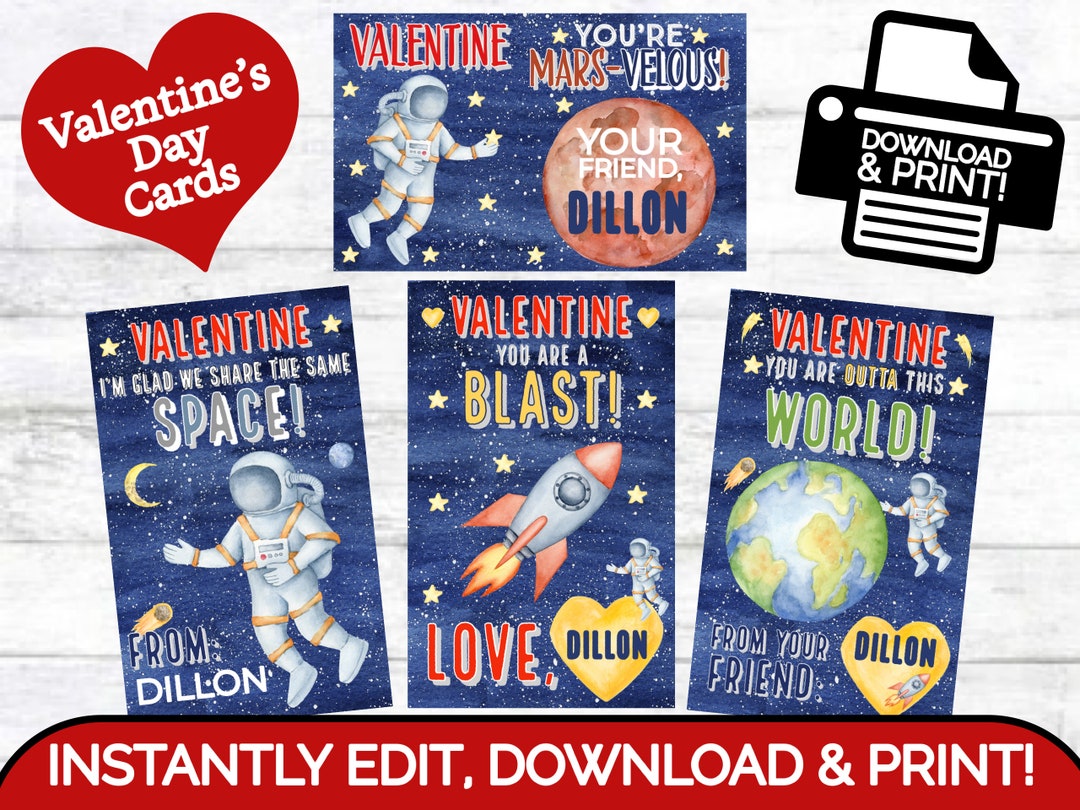 Outer Space EDITABLE Personalized Watercolor Valentines Day Cards ...