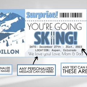 INSTANT EDITABLE Skiing Trip Surprise Ticket | Snow Ski, Skis, Skiing ...