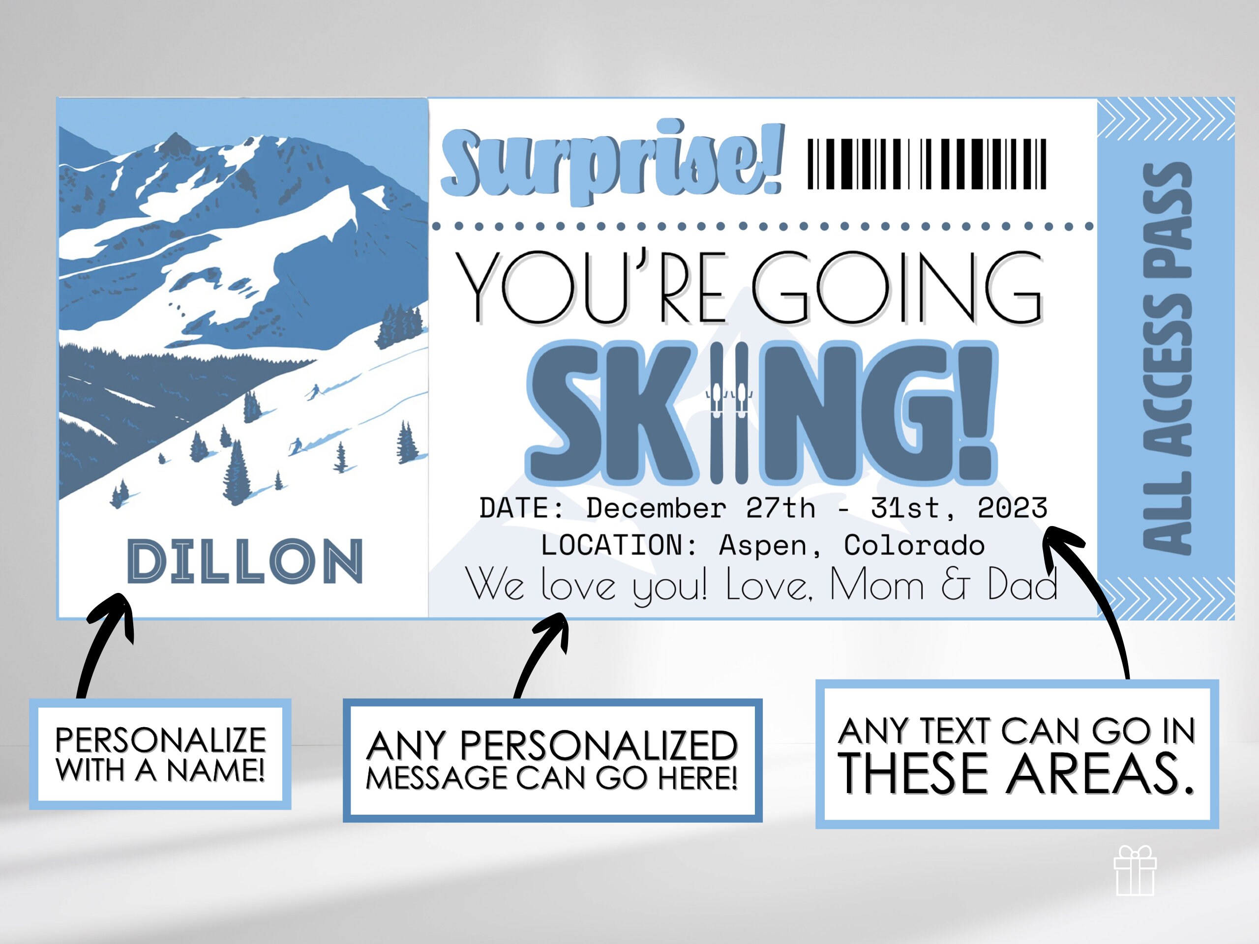INSTANT EDITABLE Skiing Trip Surprise Ticket | Snow Ski, Skis, Skiing ...