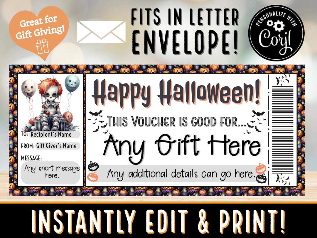 INSTANTLY EDIT Halloween Spooky Clown & Pumpkins Voucher Coupon Gift ...