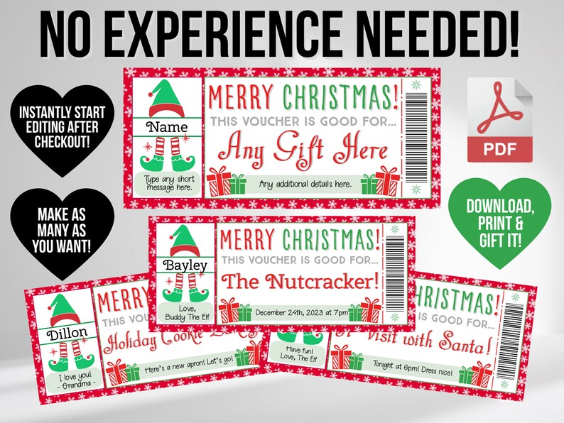 INSTANTLY EDIT Elf Christmas Voucher Coupon Gift Certificate Ticket ...