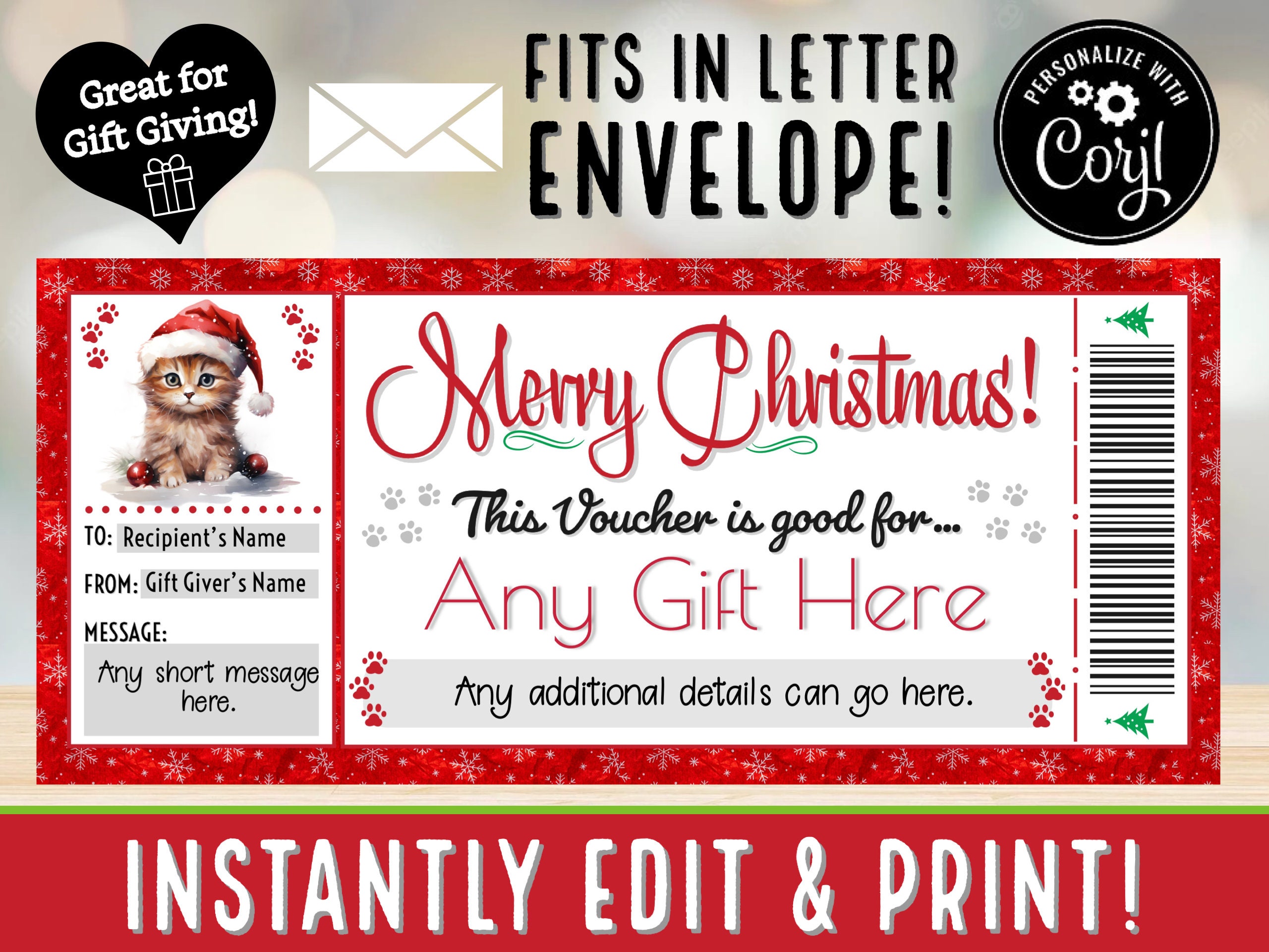 INSTANTLY EDIT Christmas Kitty Cat Voucher Coupon Gift Certificate for ...