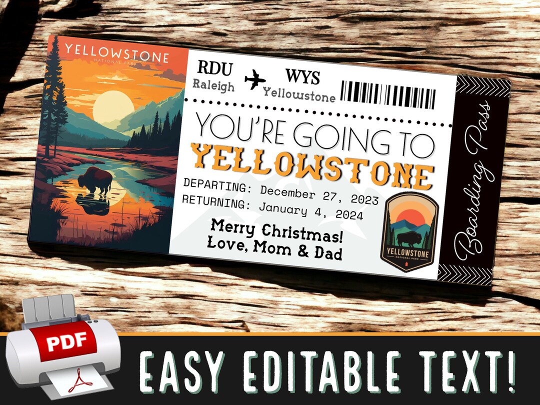 INSTANT EDITABLE Yellowstone Wyoming Plane Travel Boarding Pass Ticket ...