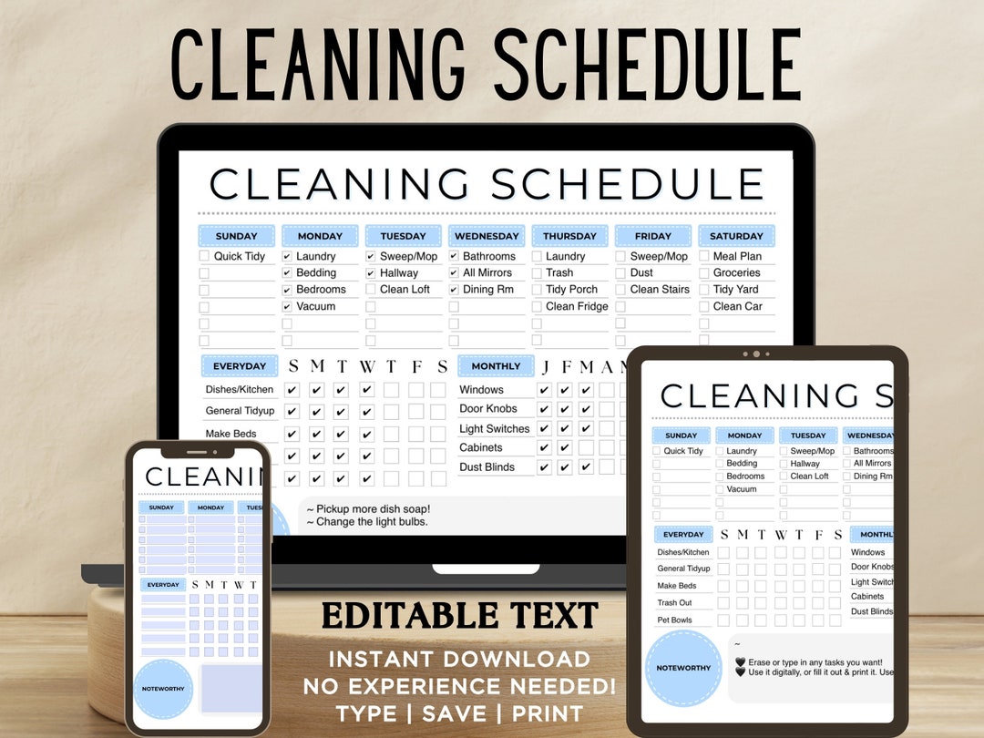Cleaning Schedule Chart List | Fillable PDF | Planner Template ...