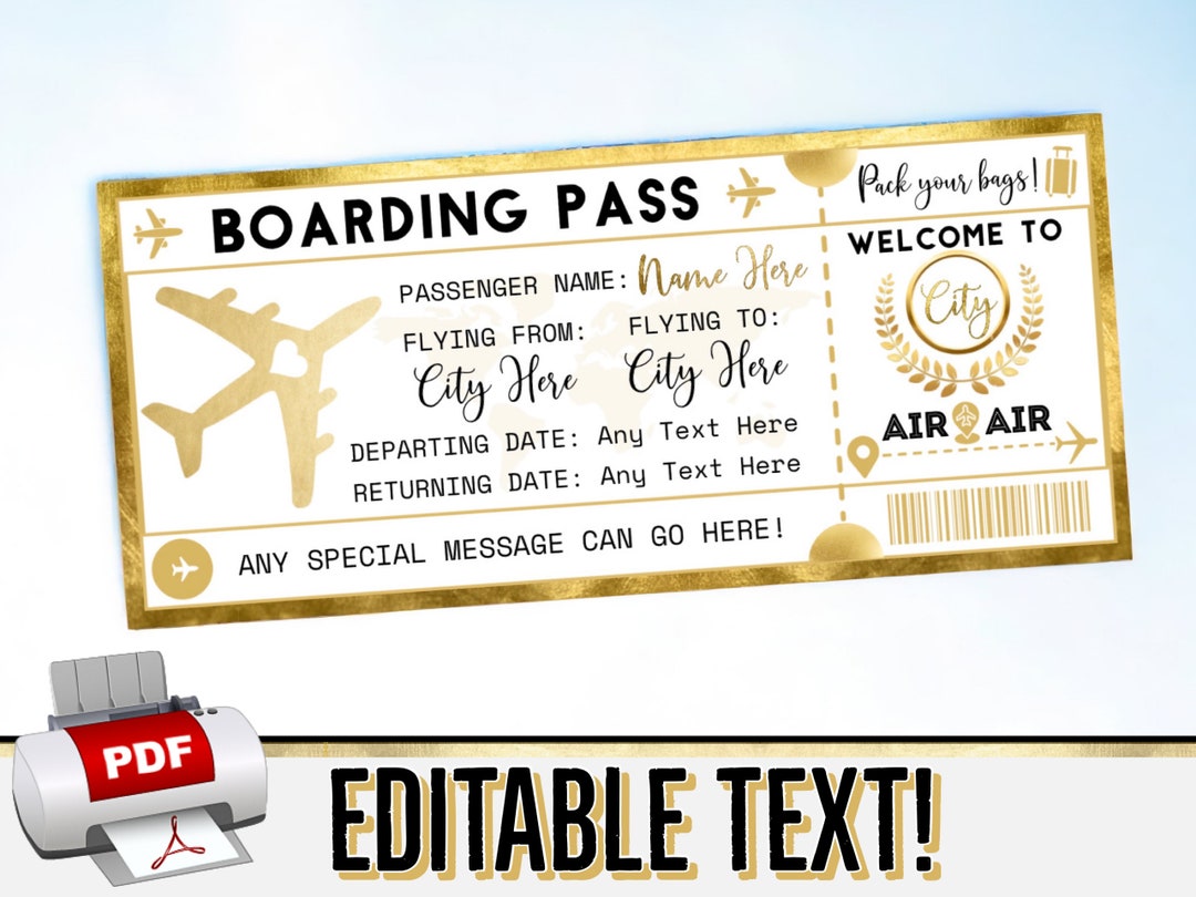 INSTANT EDITABLE Golden Boarding Pass Plane Ticket Gift - Flight ...