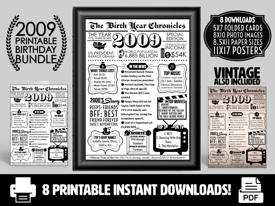 2009 PRINTABLE Vintage Newspaper Year You Were Born Birthday Bundle ...