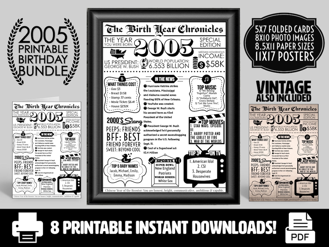 2005 PRINTABLE Vintage Newspaper Year You Were Born Birthday Bundle ...