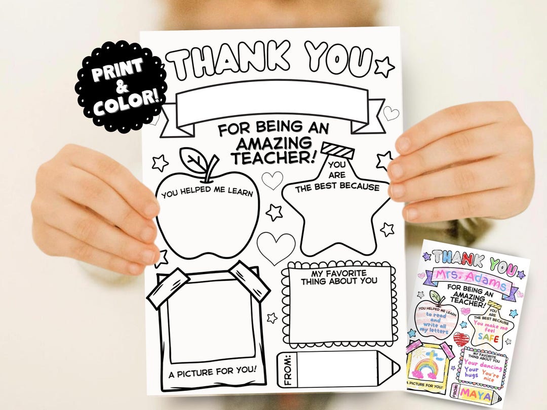 PRINTABLE Kids Coloring Thank You Card for Teachers | PDF Instant ...
