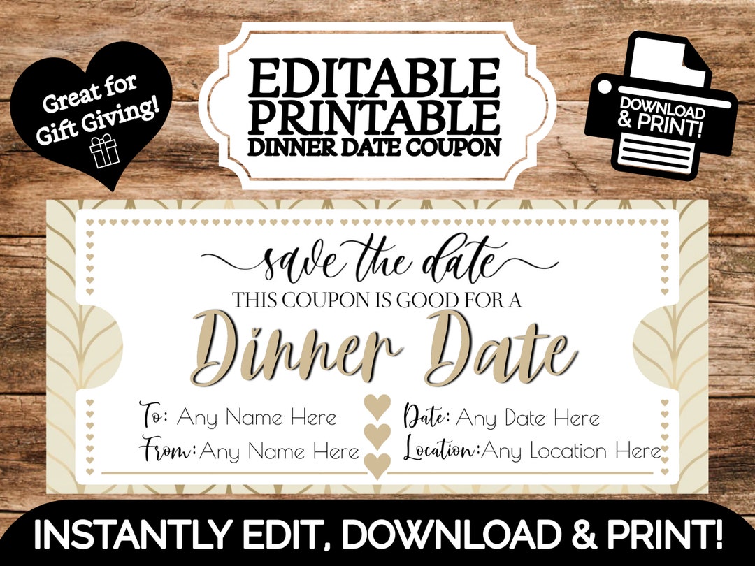 INSTANT EDITABLE Personalized Dinner Date Gift Certificate Coupon ...