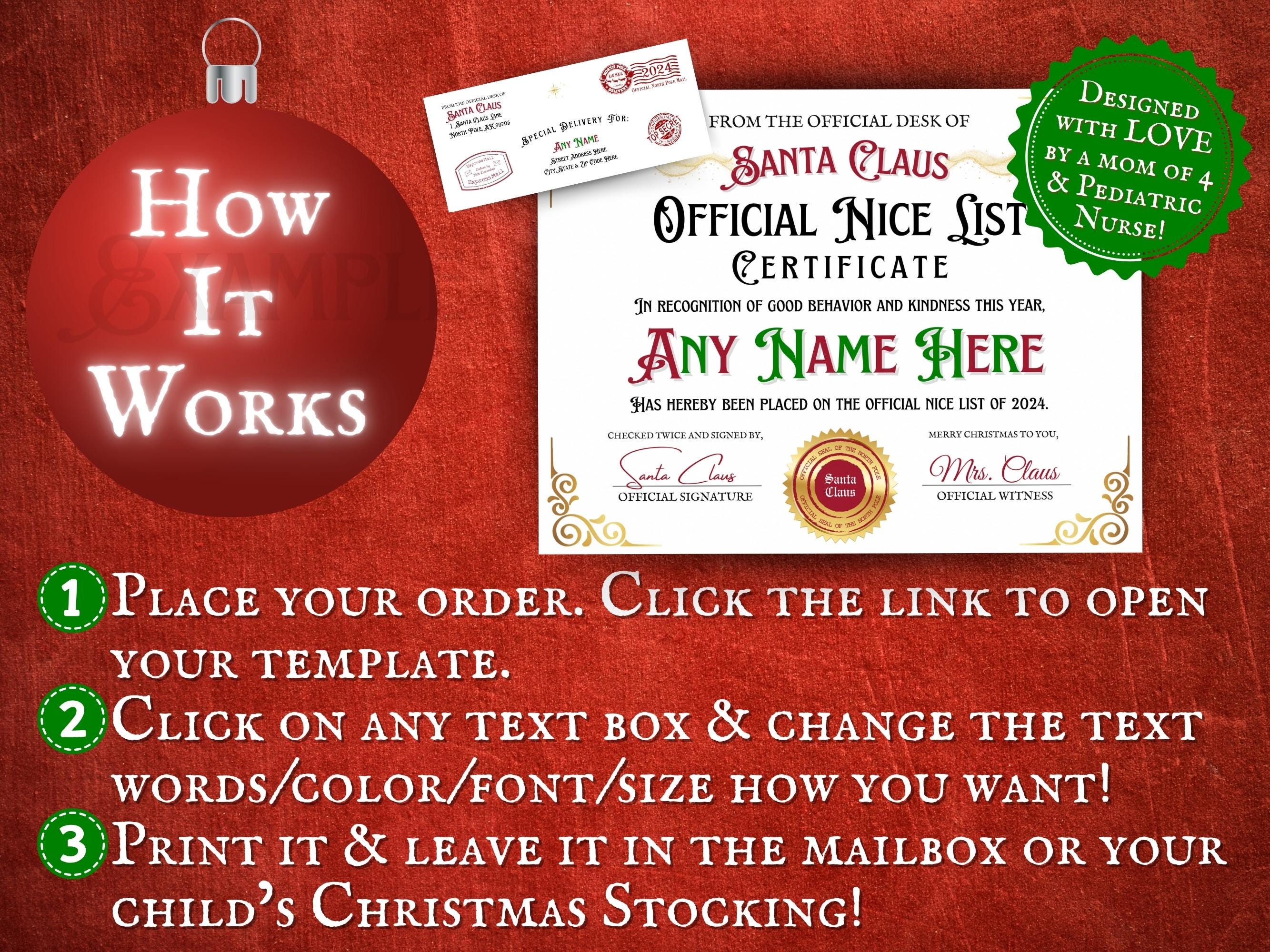 EDITABLE Santas NICE List Official Certificate | Personalized Custom ...