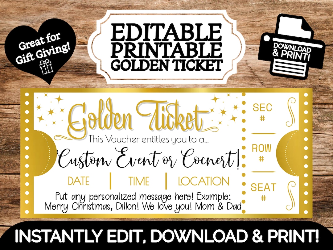 INSTANT EDITABLE Personalized Golden Ticket Concert or Sporting Event ...
